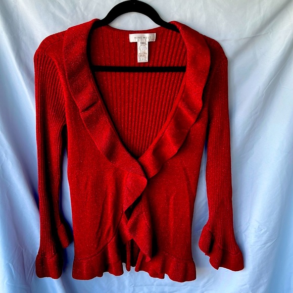 Nine West | Sweaters | 9 West Red Sparkly Ruffled Cardigan Sweater ...